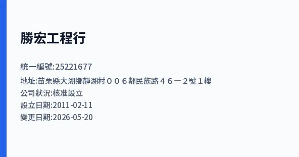 勝宏工程行的照片-統編 25221677(苗栗縣) 公司登記資料與營業項目詳細圖表
