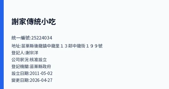 謝家傳統小吃的照片-統編 25224034(苗栗縣) 公司登記資料與營業項目詳細圖表