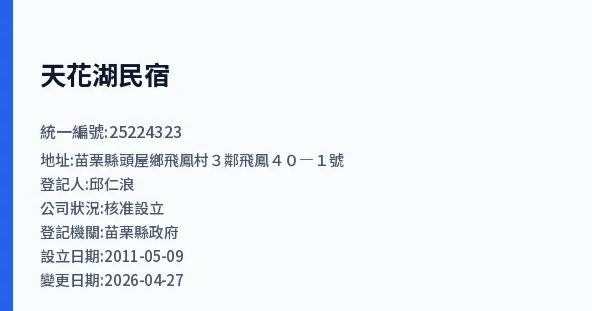天花湖民宿的照片-統編 25224323(苗栗縣) 公司登記資料與營業項目詳細圖表
