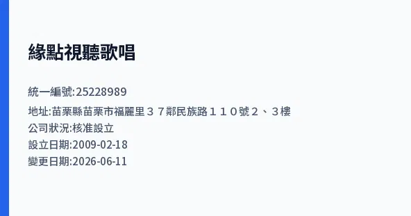 緣點視聽歌唱的照片-統編 25228989(苗栗縣) 公司登記資料與營業項目詳細圖表