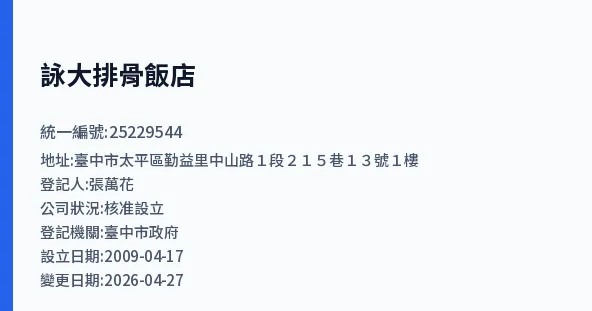 詠大排骨飯店的照片-統編 25229544(臺中市) 公司登記資料與營業項目詳細圖表