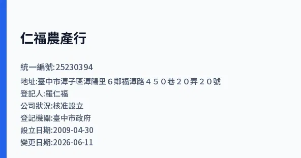 仁福農產行的照片-統編 25230394(臺中市) 公司登記資料與營業項目詳細圖表