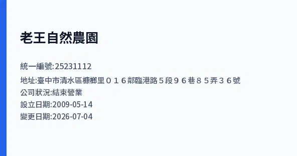 老王自然農園的照片-統編 25231112(臺中市) 公司登記資料與營業項目詳細圖表