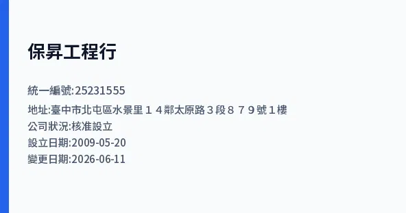 保昇工程行的照片-統編 25231555(臺中市) 公司登記資料與營業項目詳細圖表