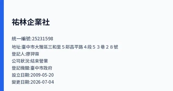 祐林企業社的照片-統編 25231598(臺中市) 公司登記資料與營業項目詳細圖表