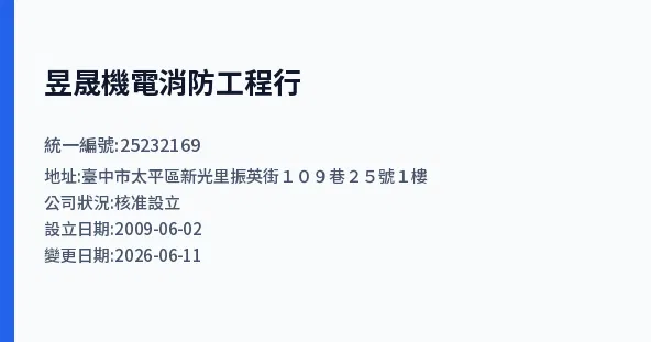 昱晟機電消防工程行的照片-統編 25232169(臺中市) 公司登記資料與營業項目詳細圖表