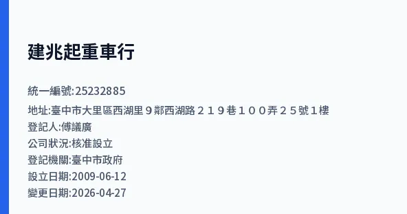 建兆起重車行的照片-統編 25232885(臺中市) 公司登記資料與營業項目詳細圖表