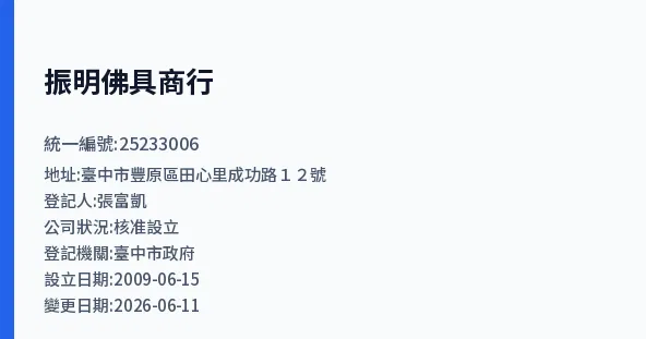 振明佛具商行的照片-統編 25233006(臺中市) 公司登記資料與營業項目詳細圖表
