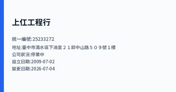 上仜工程行的照片-統編 25233272(臺中市) 公司登記資料與營業項目詳細圖表