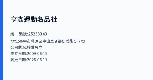 亨鑫運動名品社的照片-統編 25233343(臺中市) 公司登記資料與營業項目詳細圖表