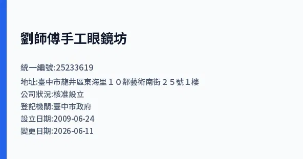 劉師傅手工眼鏡坊的照片-統編 25233619(臺中市) 公司登記資料與營業項目詳細圖表