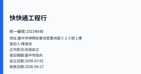 快快通工程行的照片-統編 25234048(臺中市) 公司登記資料與營業項目詳細圖表