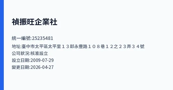 禎振旺企業社的照片-統編 25235481(臺中市) 公司登記資料與營業項目詳細圖表