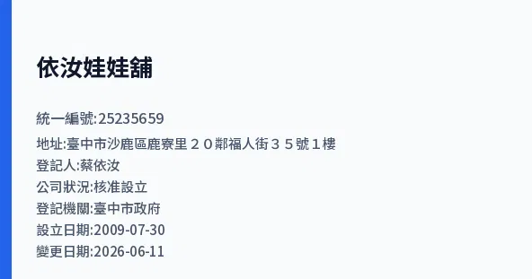 依汝娃娃舖的照片-統編 25235659(臺中市) 公司登記資料與營業項目詳細圖表