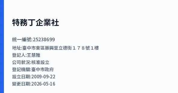 特務丁企業社的照片-統編 25238699(臺中市) 公司登記資料與營業項目詳細圖表