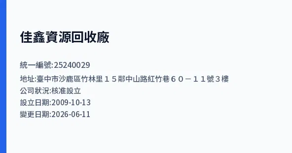 佳鑫資源回收廠的照片-統編 25240029(臺中市) 公司登記資料與營業項目詳細圖表