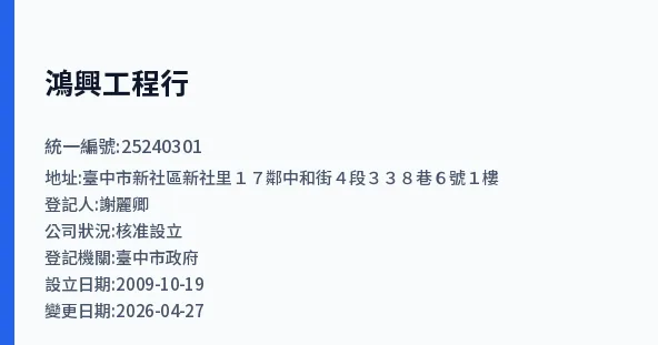 鴻興工程行的照片-統編 25240301(臺中市) 公司登記資料與營業項目詳細圖表