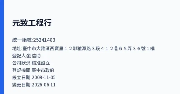元致工程行的照片-統編 25241483(臺中市) 公司登記資料與營業項目詳細圖表