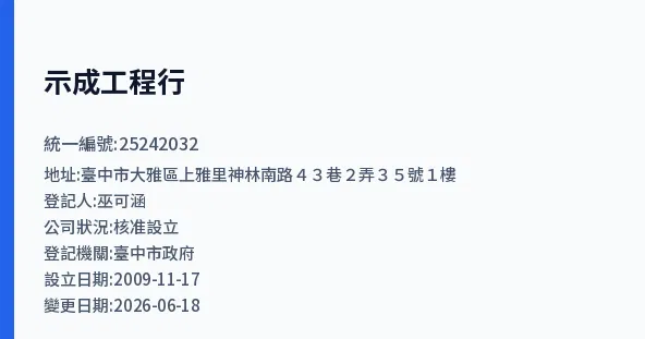 示成工程行的照片-統編 25242032(臺中市) 公司登記資料與營業項目詳細圖表
