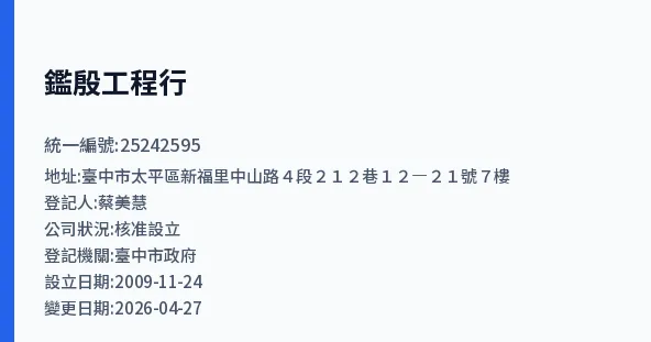 鑑殷工程行的照片-統編 25242595(臺中市) 公司登記資料與營業項目詳細圖表
