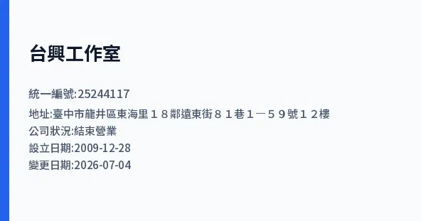 台興工作室的照片-統編 25244117(臺中市) 公司登記資料與營業項目詳細圖表