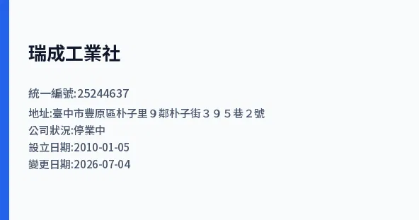 瑞成工業社的照片-統編 25244637(臺中市) 公司登記資料與營業項目詳細圖表