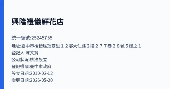 興隆禮儀鮮花店的照片-統編 25245755(臺中市) 公司登記資料與營業項目詳細圖表