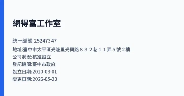 網得富工作室的照片-統編 25247347(臺中市) 公司登記資料與營業項目詳細圖表
