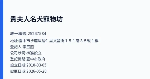 貴夫人名犬寵物坊的照片-統編 25247584(臺中市) 公司登記資料與營業項目詳細圖表