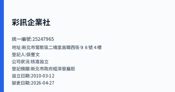 彩訊企業社的照片-統編 25247965(新北市) 公司登記資料與營業項目詳細圖表