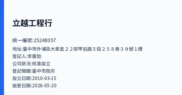 立越工程行的照片-統編 25248057(臺中市) 公司登記資料與營業項目詳細圖表