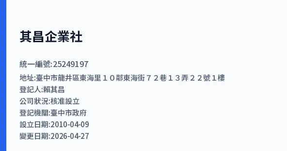 其昌企業社的照片-統編 25249197(臺中市) 公司登記資料與營業項目詳細圖表