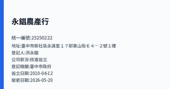 永錩農產行的照片-統編 25250222(臺中市) 公司登記資料與營業項目詳細圖表