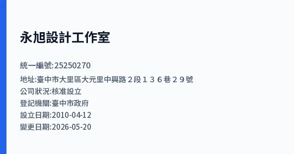 永旭設計工作室的照片-統編 25250270(臺中市) 公司登記資料與營業項目詳細圖表