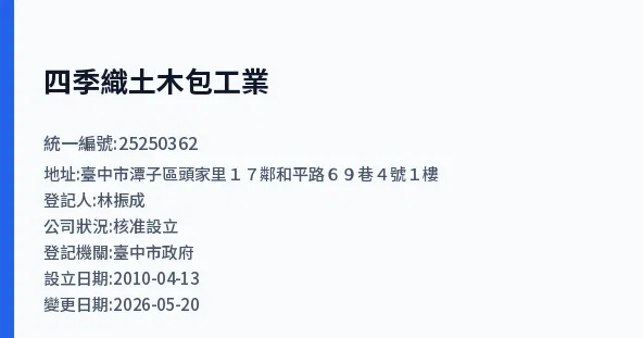 四季織土木包工業的照片-統編 25250362(臺中市) 公司登記資料與營業項目詳細圖表