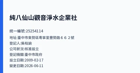 純八仙山觀音淨水企業社的照片-統編 25254114(臺中市) 公司登記資料與營業項目詳細圖表