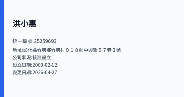洪小惠的照片-統編 25259693(彰化縣) 公司登記資料與營業項目詳細圖表