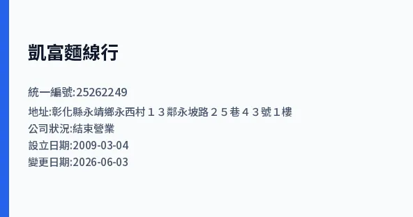 凱富麵線行的照片-統編 25262249(彰化縣) 公司登記資料與營業項目詳細圖表