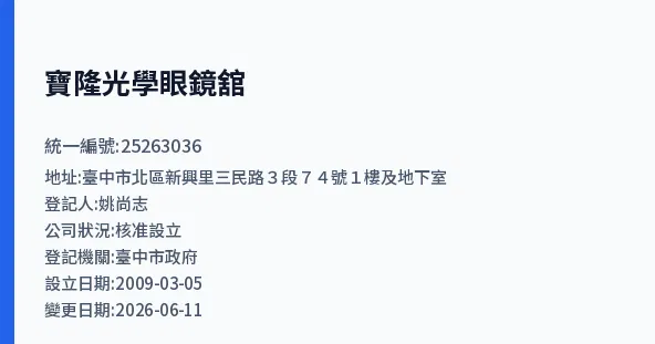 寶隆光學眼鏡舘的照片-統編 25263036(臺中市) 公司登記資料與營業項目詳細圖表