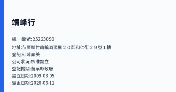 靖峰行的照片-統編 25263090(苗栗縣) 公司登記資料與營業項目詳細圖表
