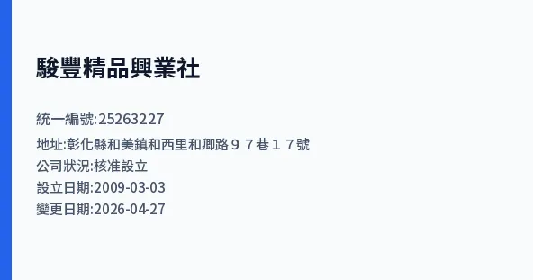 駿豐精品興業社的照片-統編 25263227(彰化縣) 公司登記資料與營業項目詳細圖表