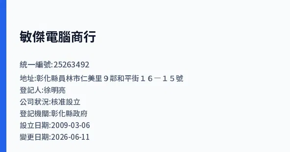 敏傑電腦商行的照片-統編 25263492(彰化縣) 公司登記資料與營業項目詳細圖表