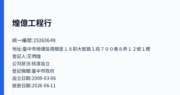 煌億工程行的照片-統編 25263649(臺中市) 公司登記資料與營業項目詳細圖表