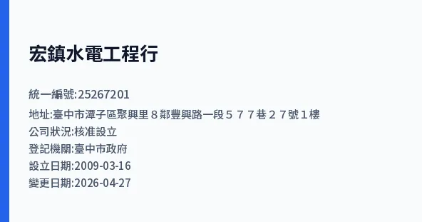 宏鎮水電工程行的照片-統編 25267201(臺中市) 公司登記資料與營業項目詳細圖表
