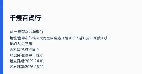 千煜百貨行的照片-統編 25269947(臺中市) 公司登記資料與營業項目詳細圖表