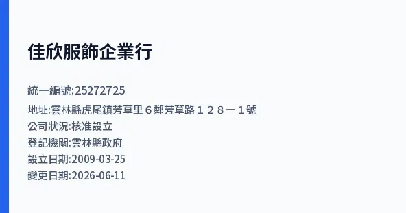 佳欣服飾企業行的照片-統編 25272725(雲林縣) 公司登記資料與營業項目詳細圖表