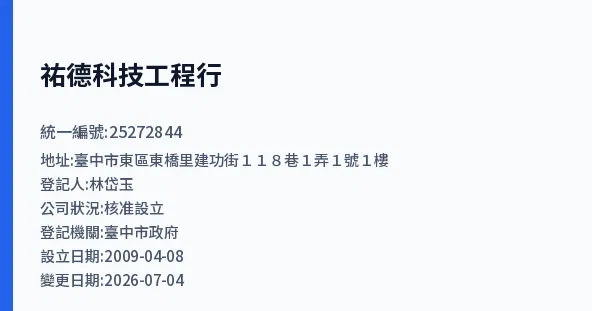 祐德科技工程行的照片-統編 25272844(臺中市) 公司登記資料與營業項目詳細圖表