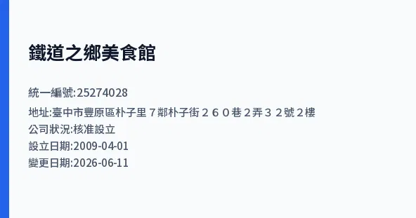 鐵道之鄉美食館的照片-統編 25274028(臺中市) 公司登記資料與營業項目詳細圖表