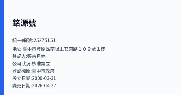 銘源號的照片-統編 25275151(臺中市) 公司登記資料與營業項目詳細圖表