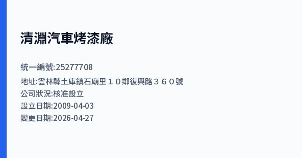 清淵汽車烤漆廠的照片-統編 25277708(雲林縣) 公司登記資料與營業項目詳細圖表
